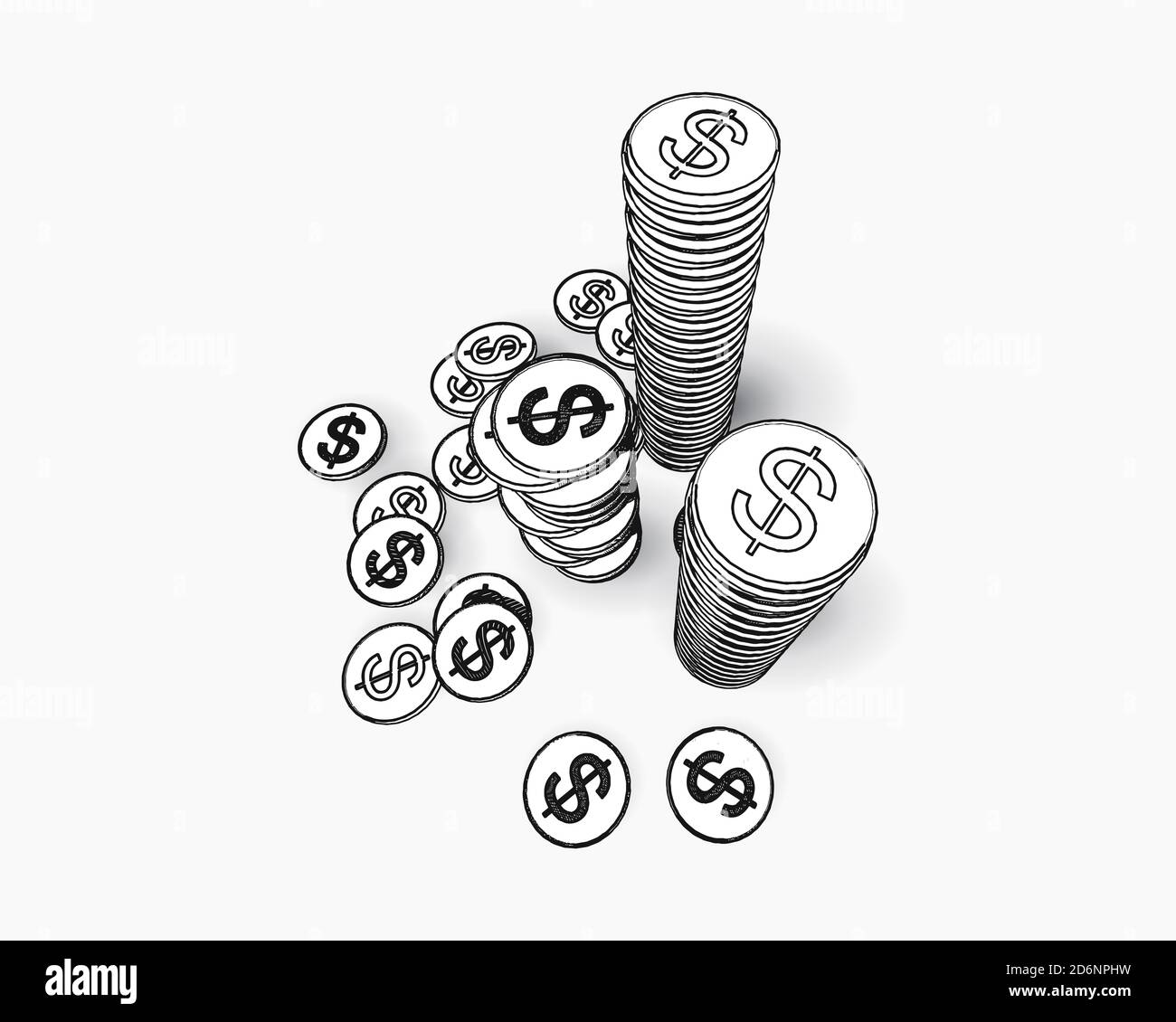 Monochrome coin pile set drawing in top camera view isolated on gold ...