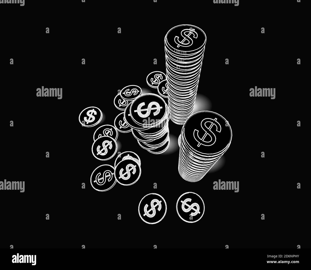 Negative coin pile set drawing in top camera view isolated on black ...