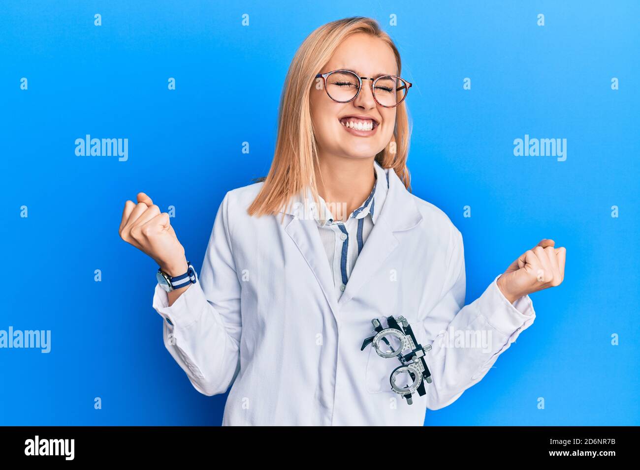 Beautiful caucasian oculist woman wearing robe and optometry glasses ...