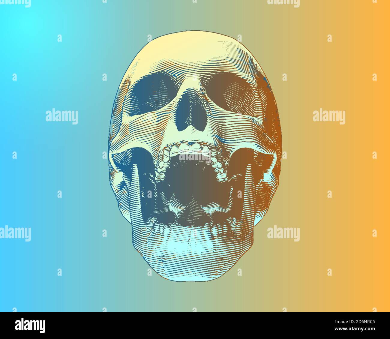 Engraving multi color skull illustration scream on blue and yellow ramp ...