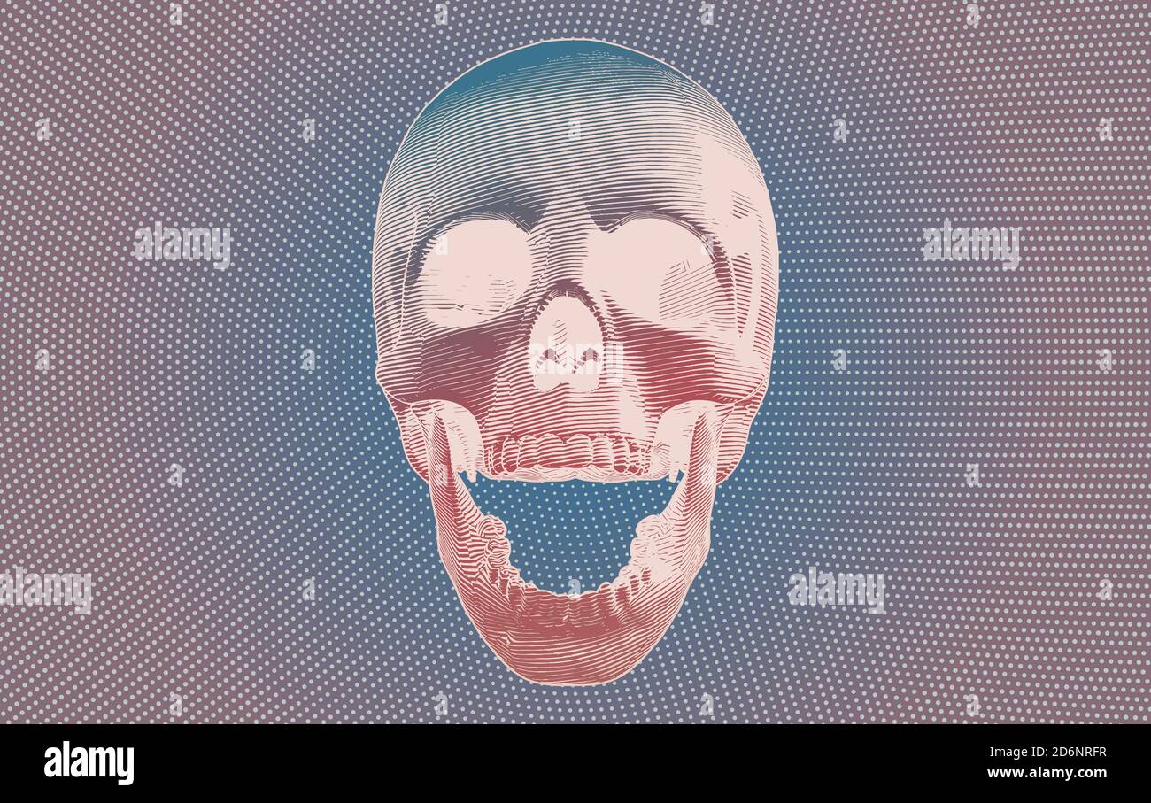 Engraving negative drawing skull open mouth with bottom lighting ...