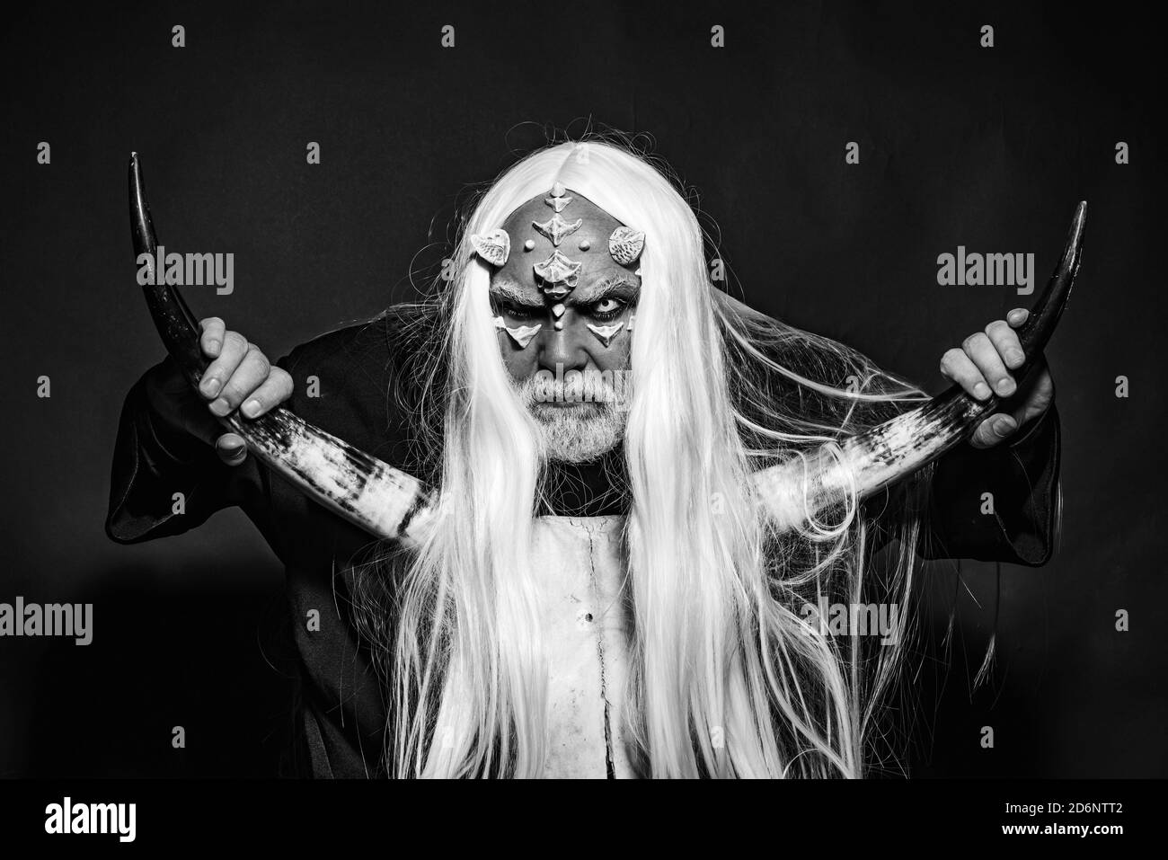 Tree spirit and fantasy concept. Man wizard with fantastic make up on ...