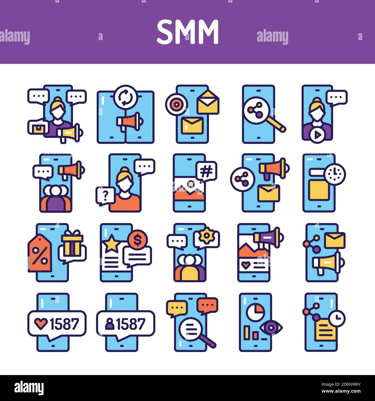 SMM tools promotion line color icons set. Isolated vector element Stock ...