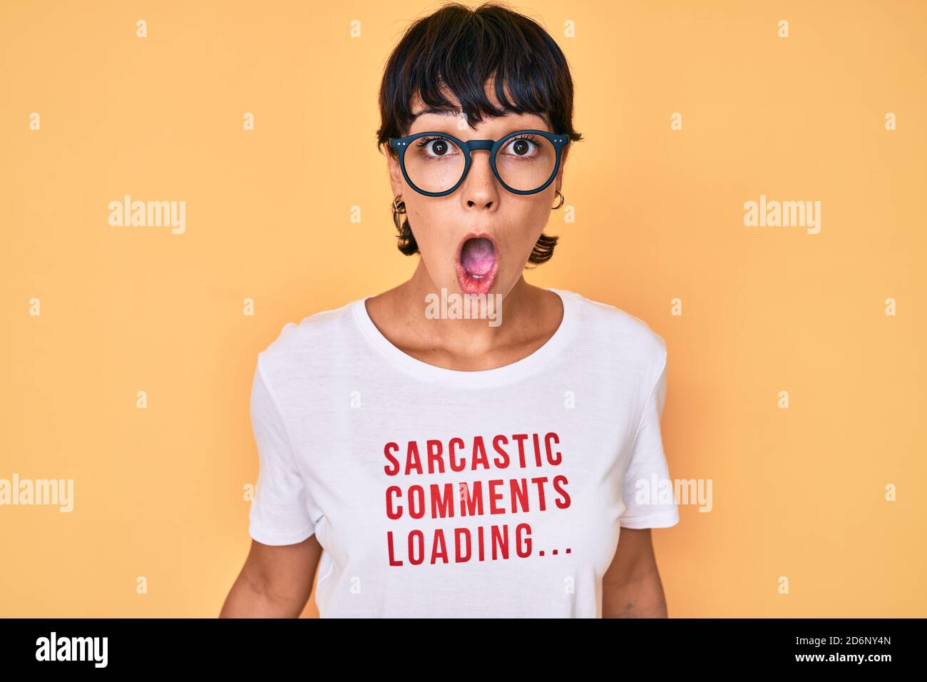 Beautiful brunettte woman wearing sarcastic comments loading t-shirt ...