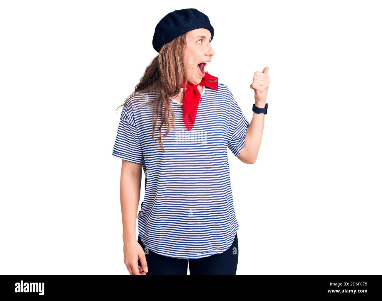 Young beautiful blonde woman wearing french beret and striped t-shirt ...