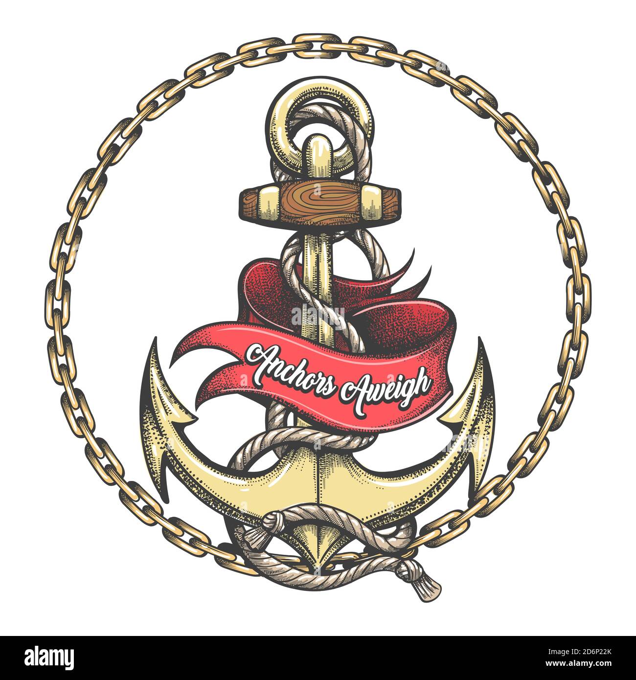 Ship Anchor in ropes chain circle Ribbon with Lettering Anchors Aweigh ...