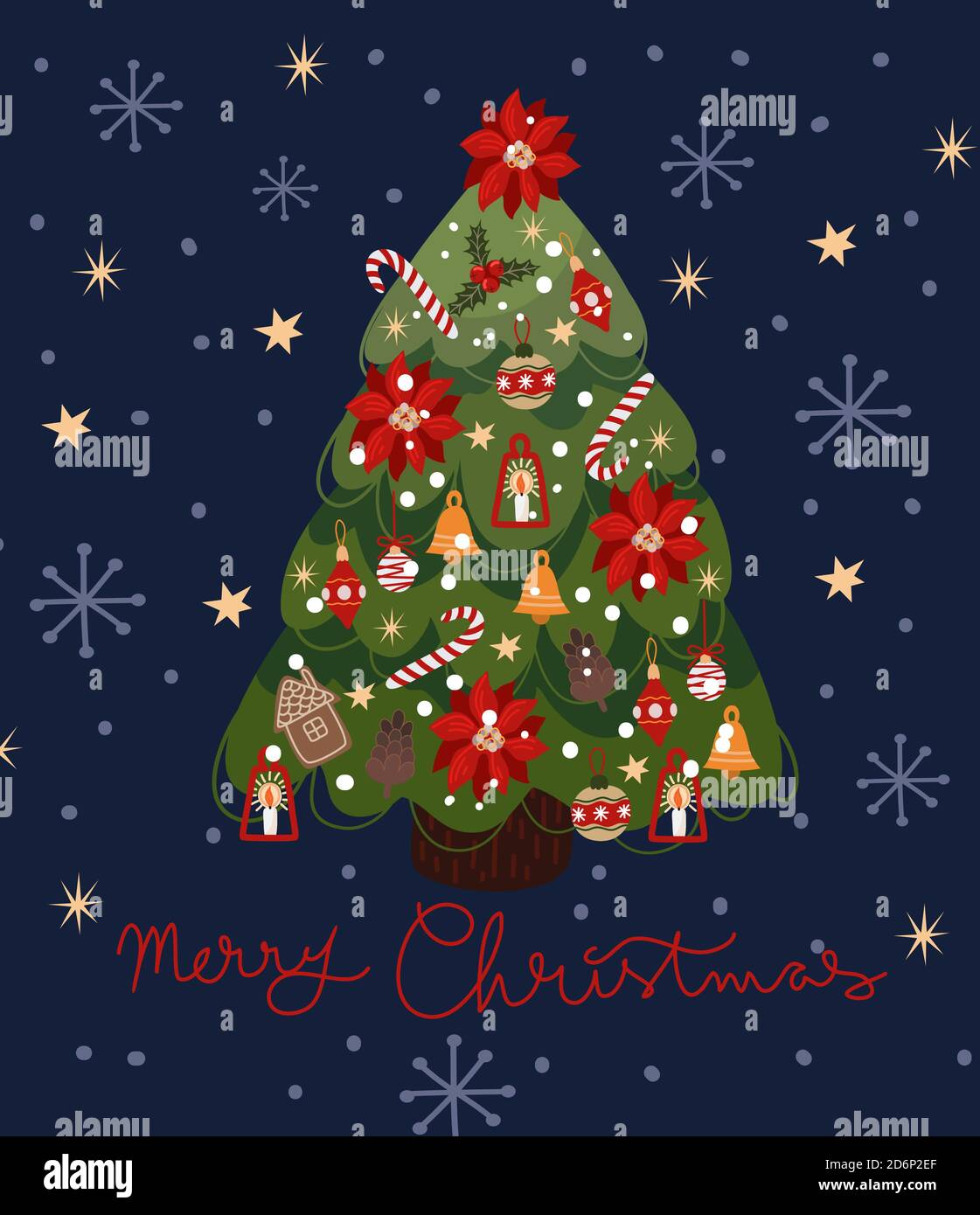 Greeting card with a decorated Christmas tree. Vector cartoon flat ...