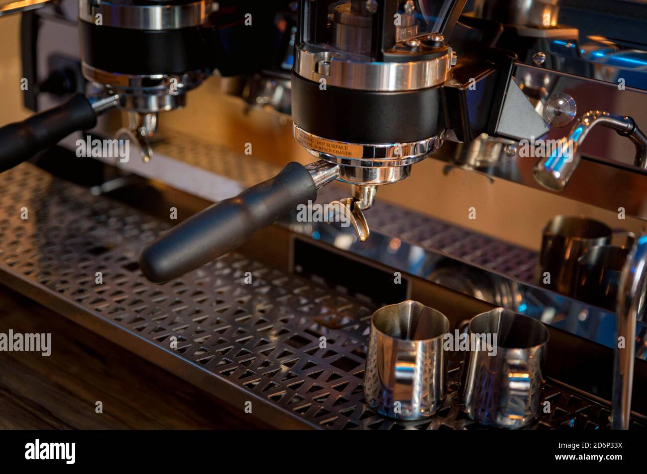 Close up of wood and still lever espresso machine Stock Photo - Alamy