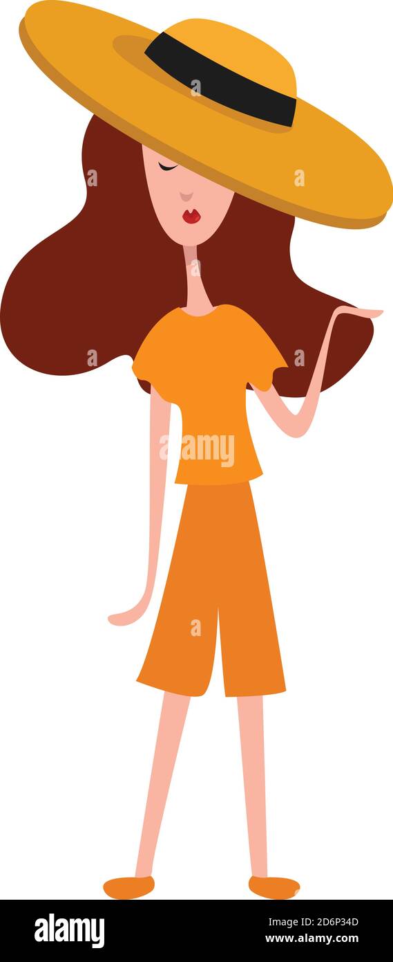 Woman in orange outfit, illustration, vector on white background Stock ...