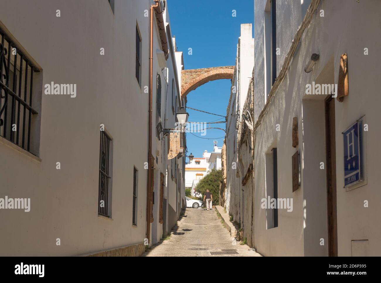 Tarifa Spain, Narrow quiet street in white andalusian village of Tarifa ...