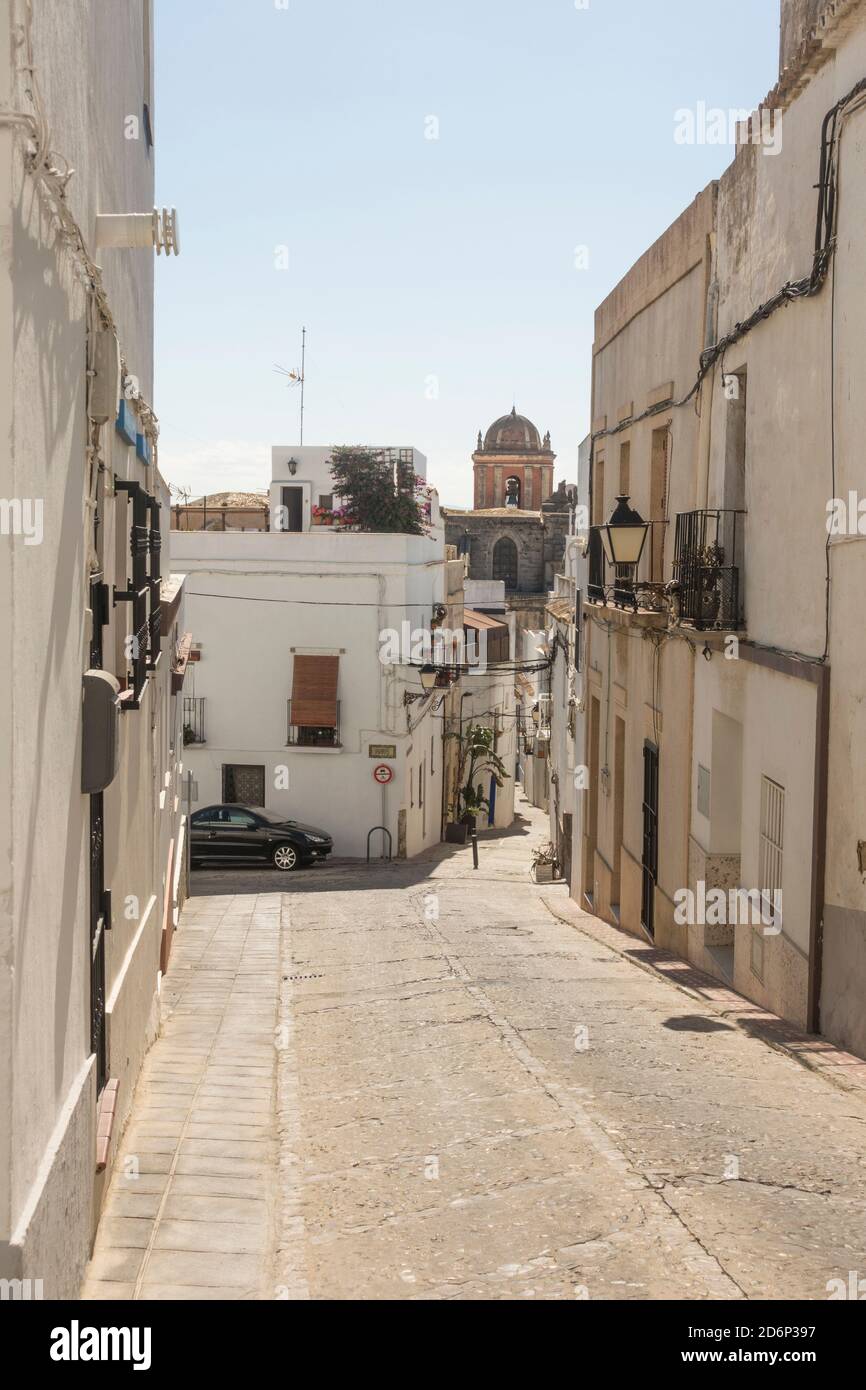 Tarifa Spain, Narrow quiet street in white andalusian village of Tarifa ...