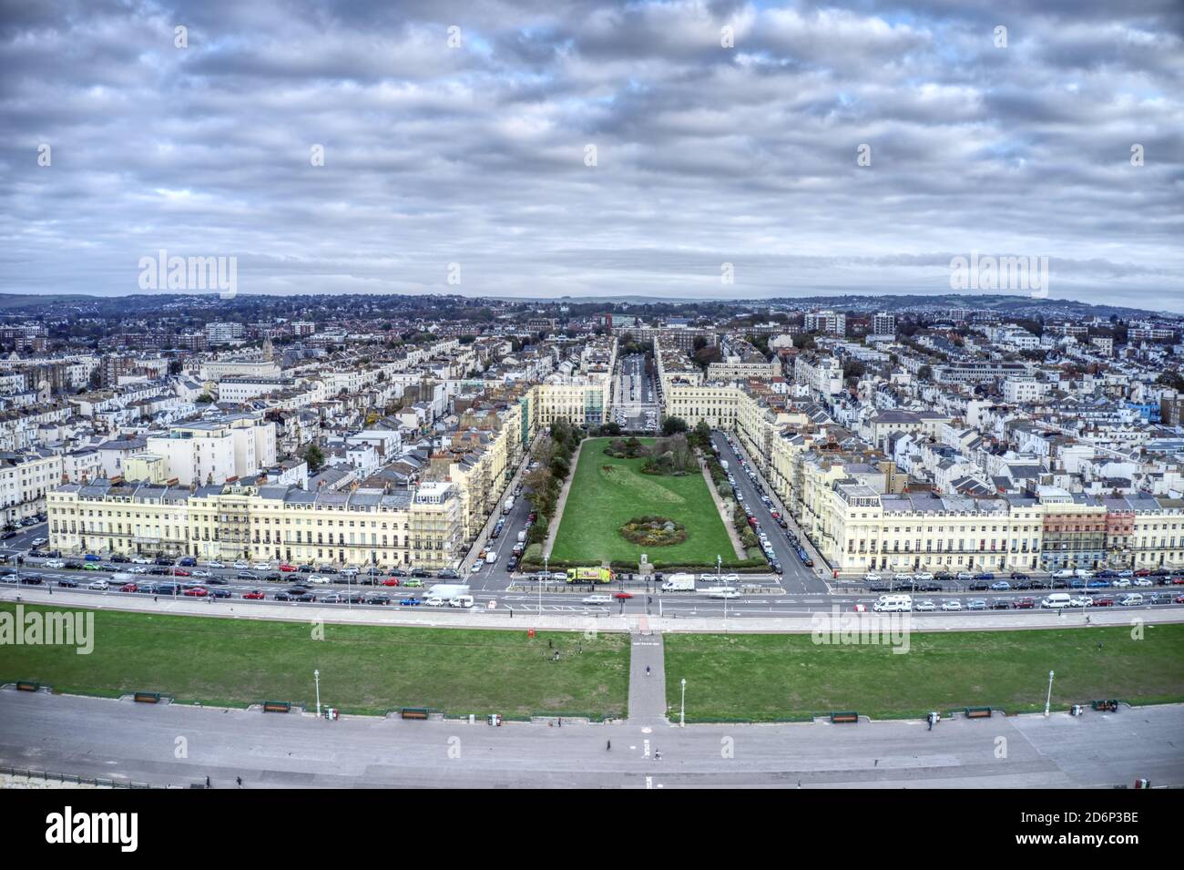 Aerial view of Brighton and Hove seafront showing the elegant houses ...