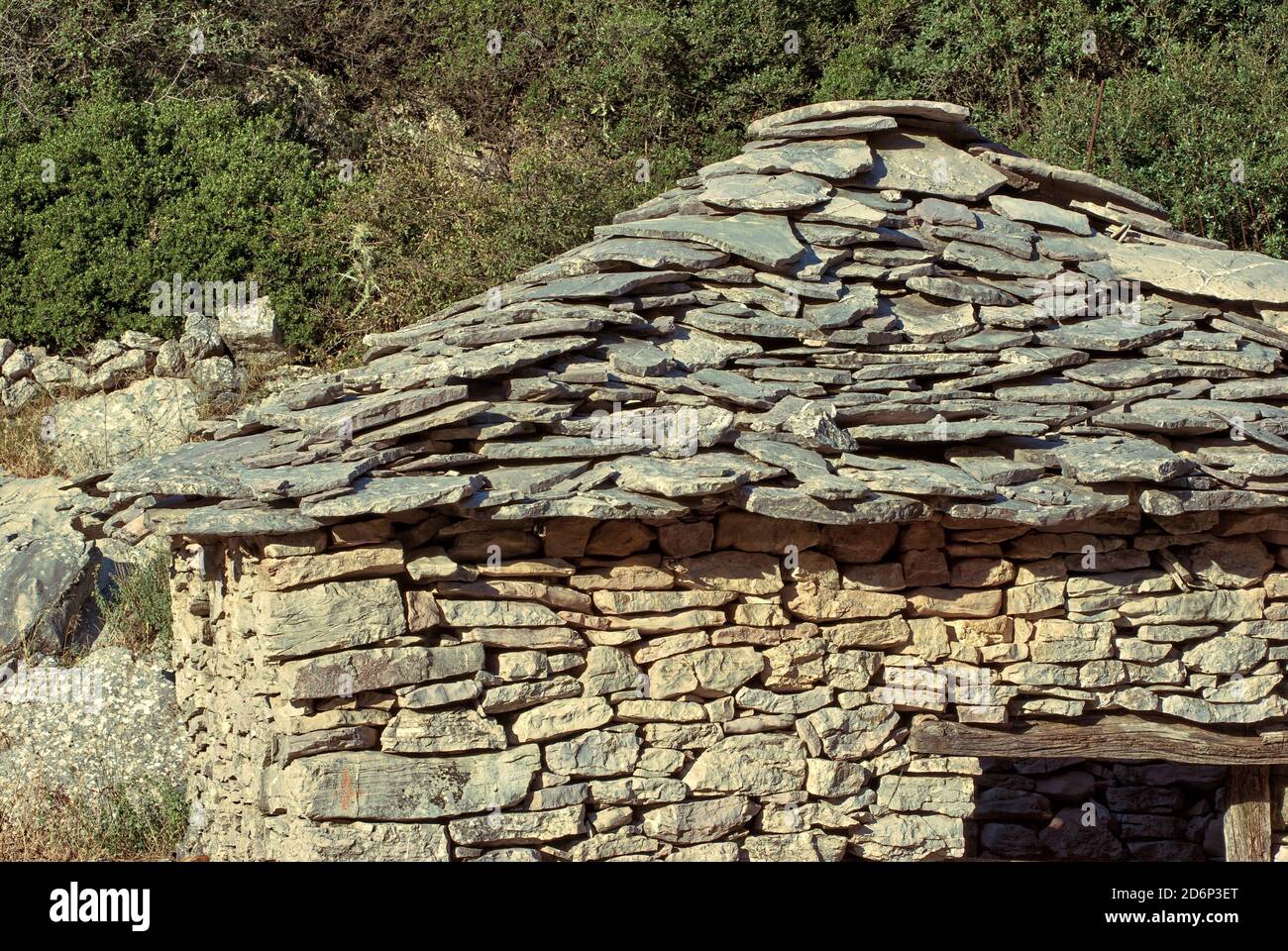 roof and building dry stone of a traditional shepherd hut in Greece ...