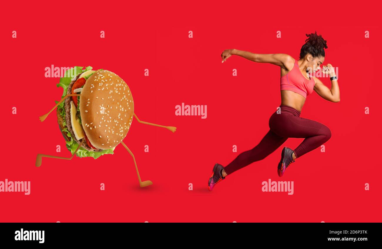 Black Woman Running Away From Burger Exercising Over Red Background ...