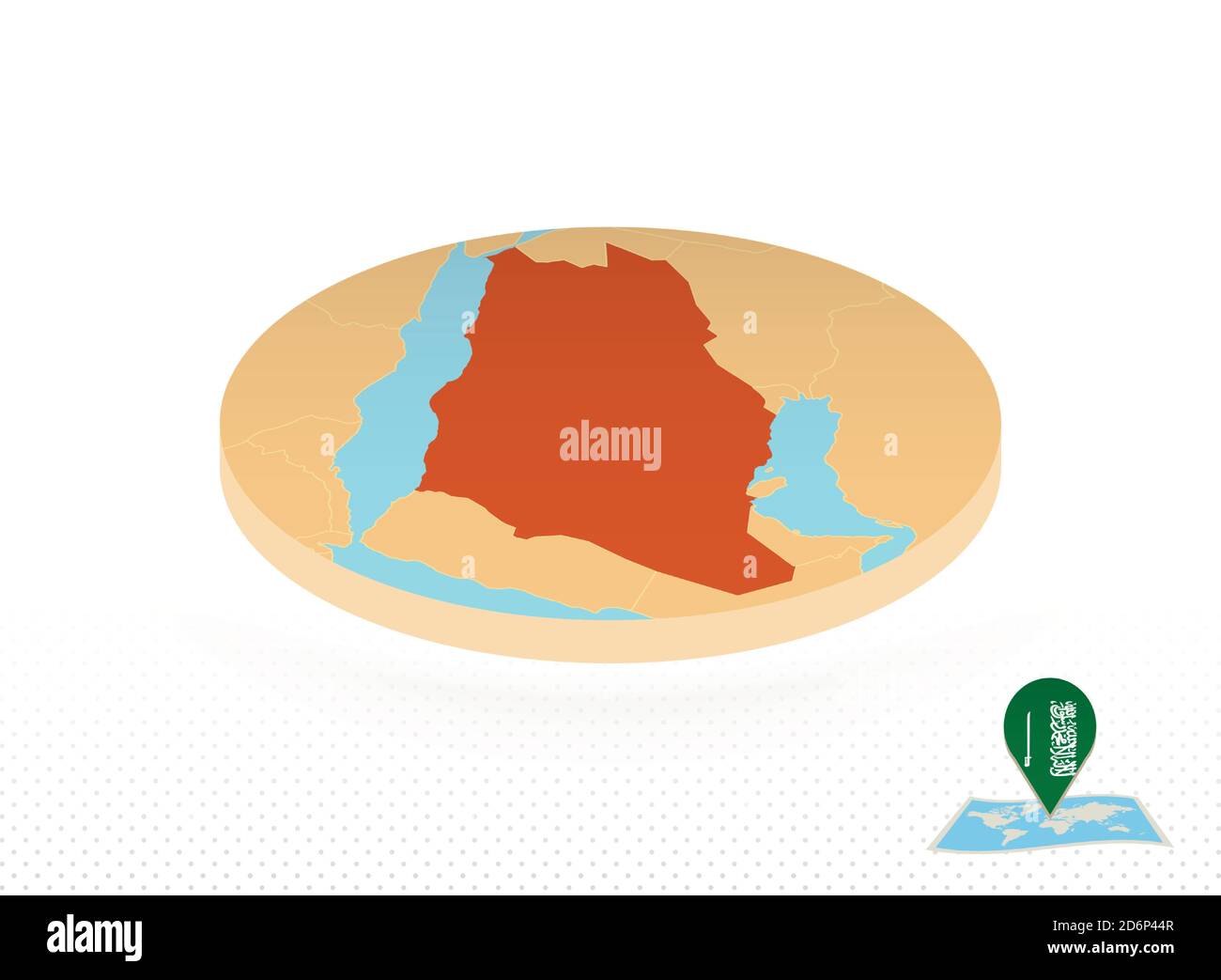 Saudi Arabia map designed in isometric style, orange circle map of ...
