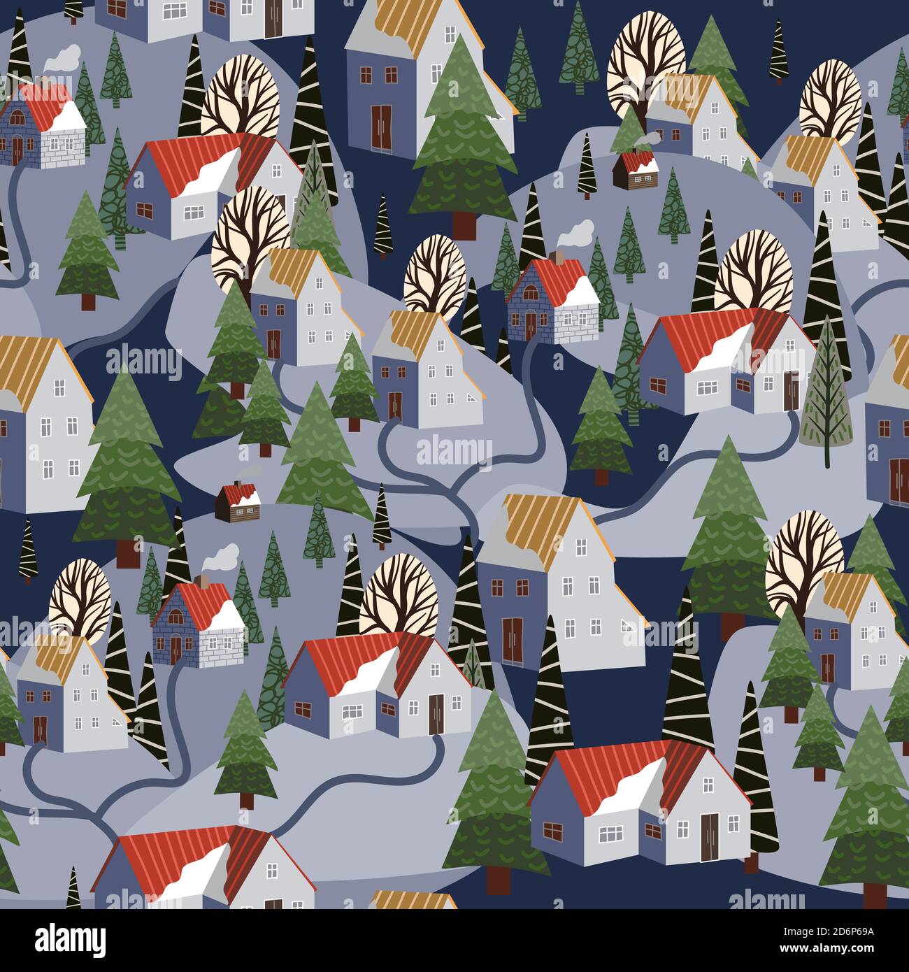 Seamless pattern with winter mountain landscape and small houses ...