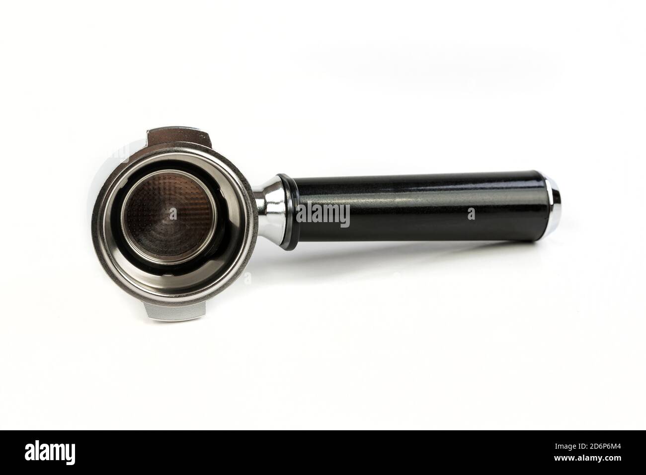 Black and silver coffee filter holder on its side filter facing forward ...