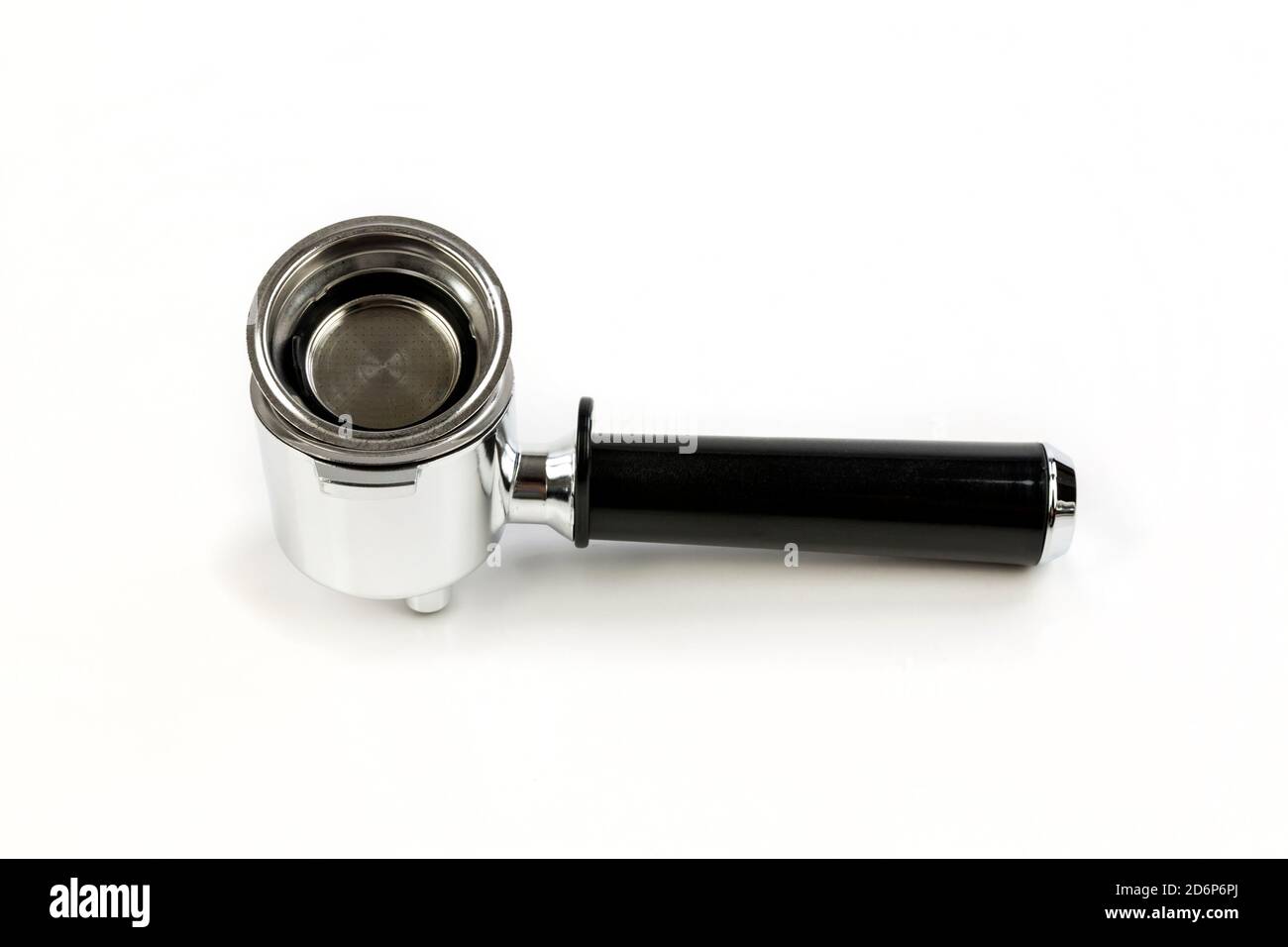 Black and silver coffee filter holder with filter loosely set on top ...
