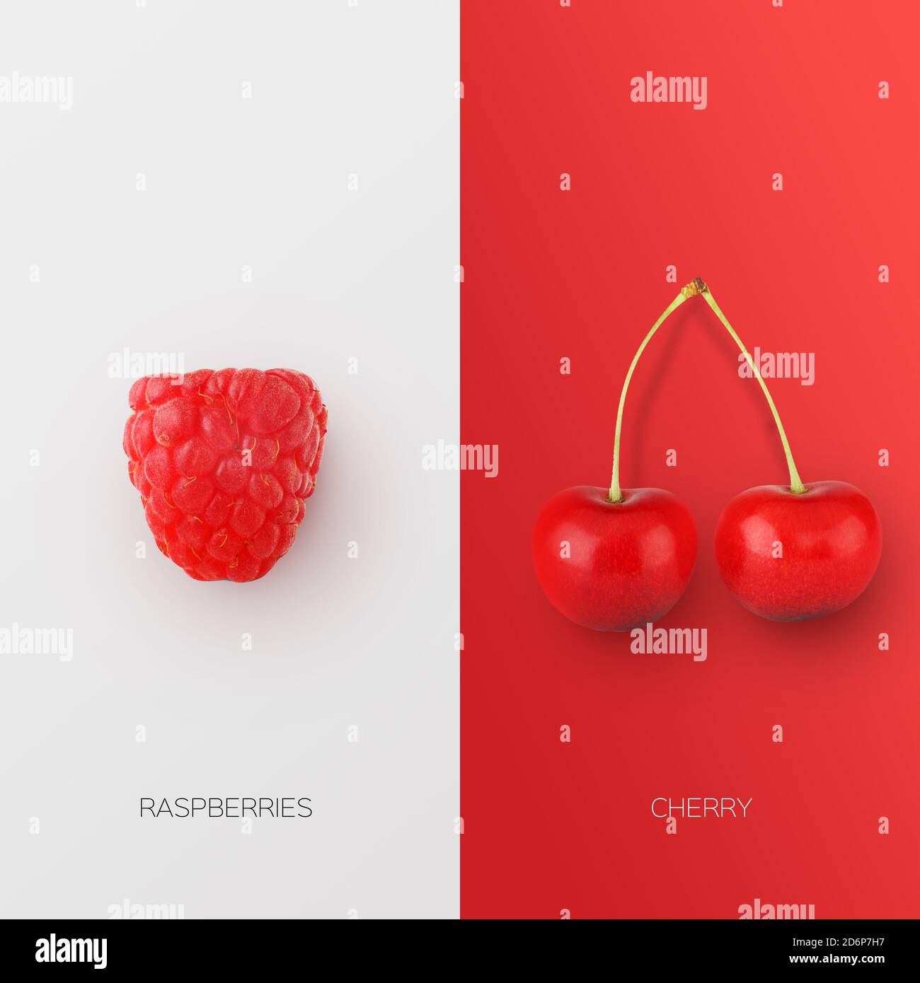 Raspberry And Cherries Berries Isolated On Red And White Background ...