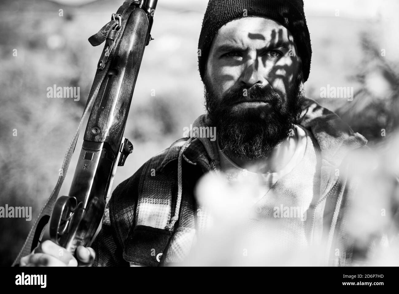 Portrait of hamdsome Hunter. Hunter with shotgun gun on hunt. Man ...