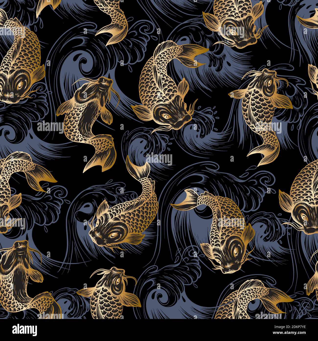 Seamless pattern with golden fish koi. Japanese vintage print Stock ...