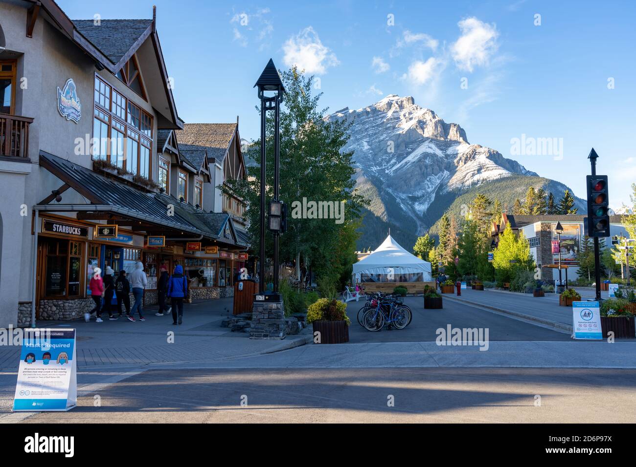 Street view of Banff Avenue in summer time season sunny day morning ...