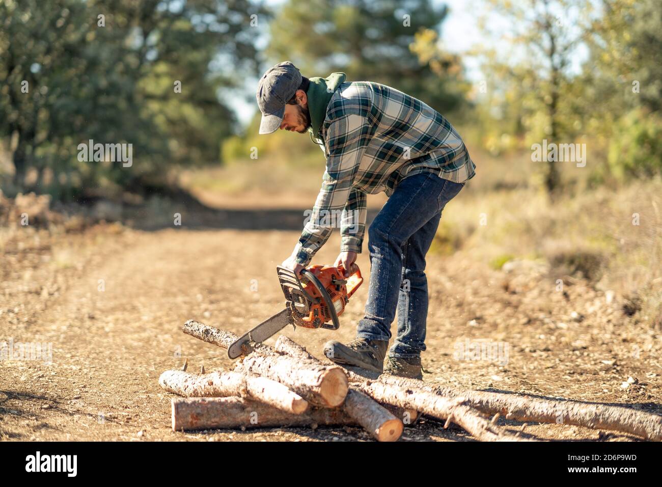 Young Caucasian man cutting a tree trunk with a chainsaw Stock Photo ...