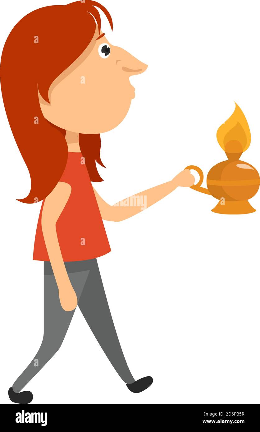 Girl with a lamp, illustration, vector on white background Stock Vector ...