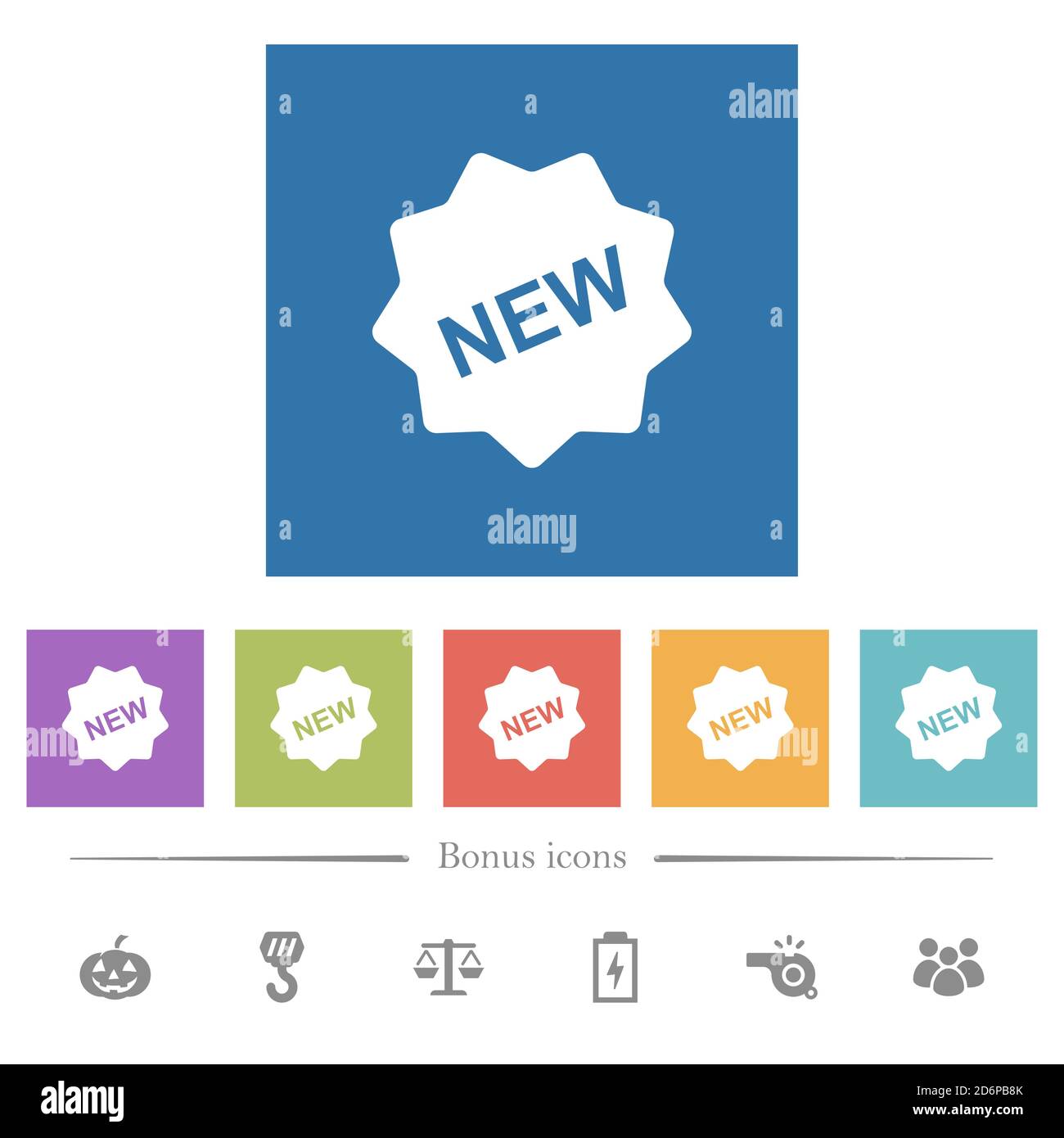 New badge flat white icons in square backgrounds. 6 bonus icons ...
