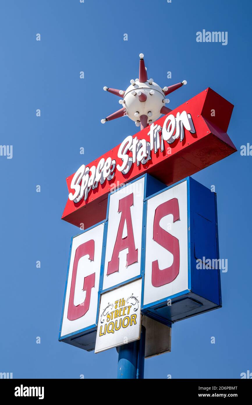 Space Station Gas Station - Retro sputnik sign Stock Photo - Alamy