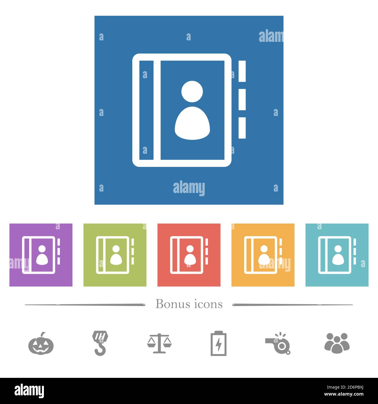 Contacts flat white icons in square backgrounds. 6 bonus icons included ...