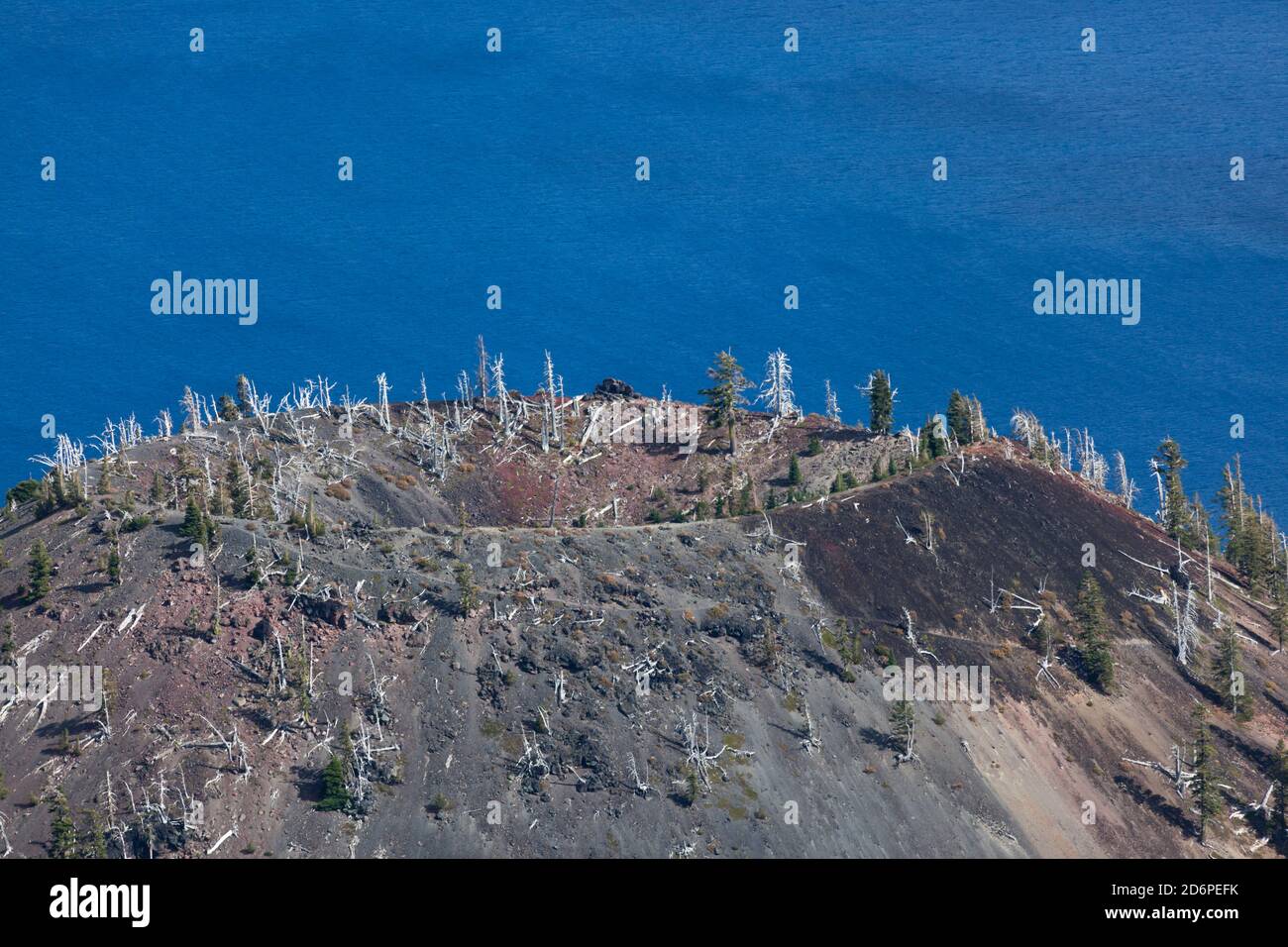 The top of Wizard Island with a trail leading up to the crater over ...