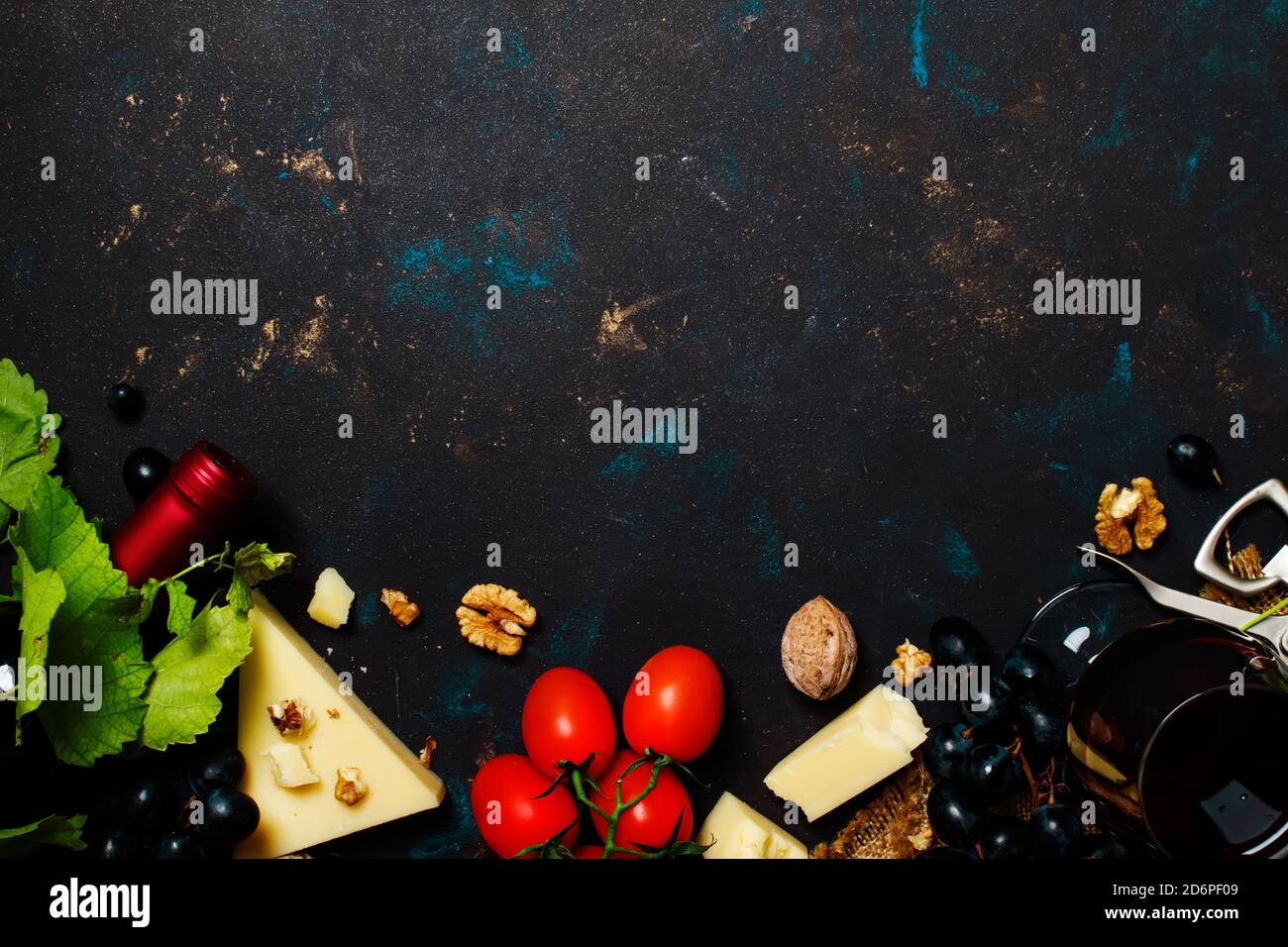 Red wine and snacks, Italian food, top view Stock Photo - Alamy