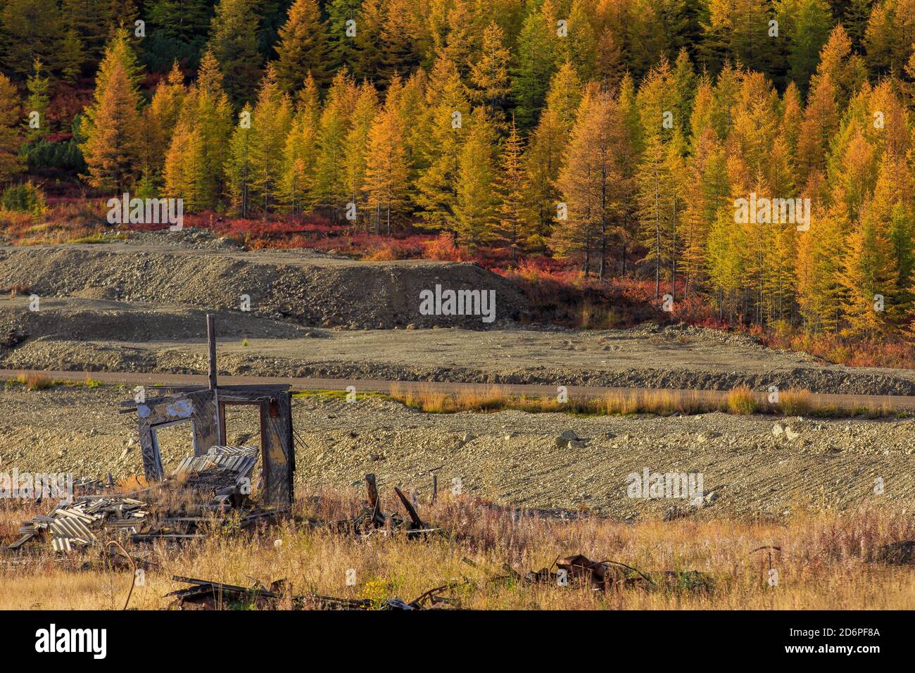 An abandoned gold mining enterprise in the tundra of Russia. Abandoned ...