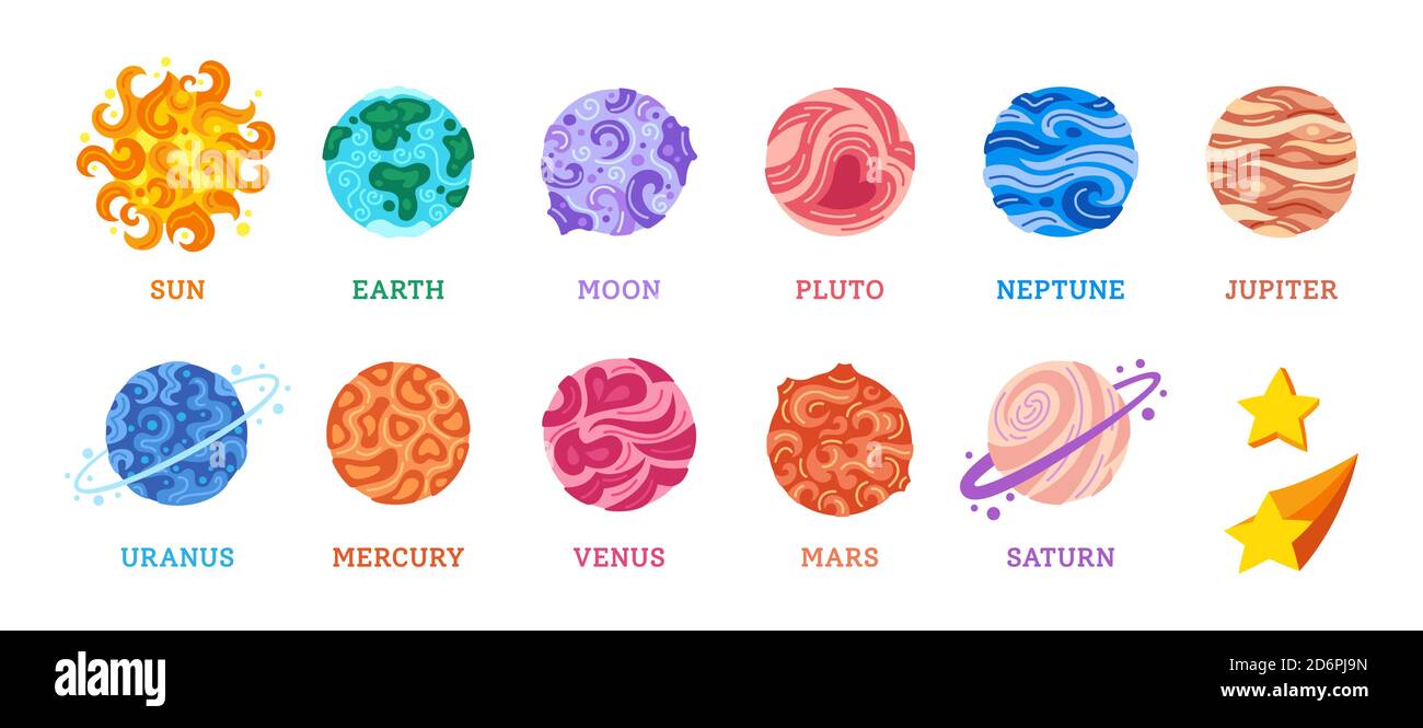 Solar system planet cartoon set. Colorful astronomical observatory. Sun ...