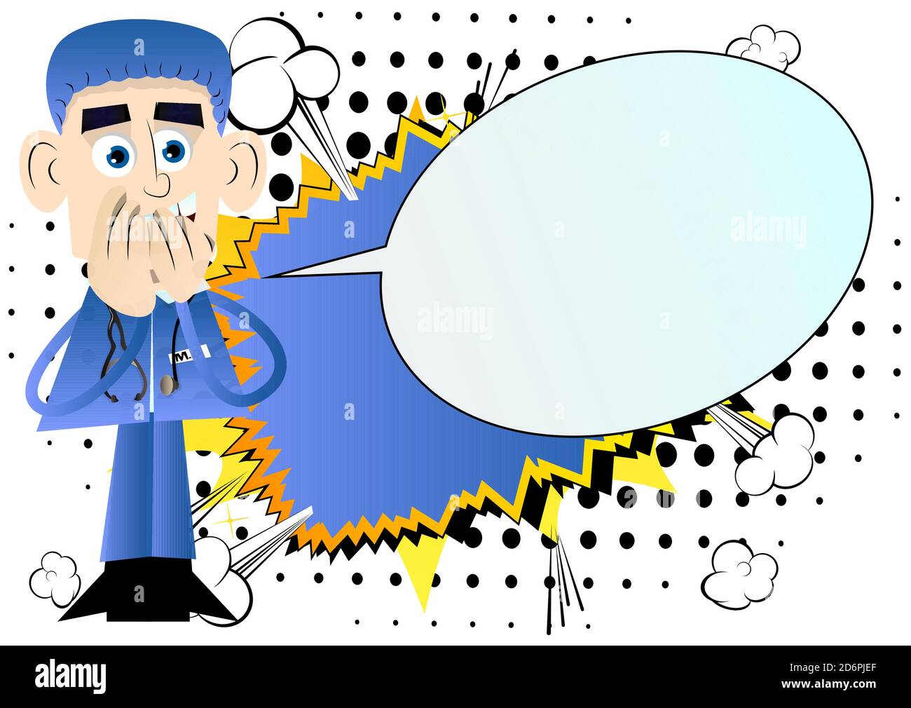 Funny cartoon doctor with hands over mouth. Vector illustration Stock ...