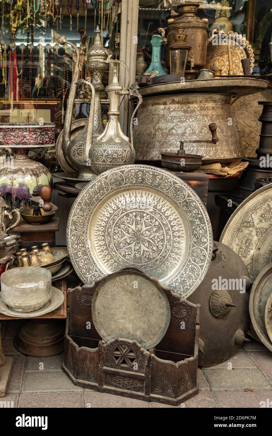 Old metal kitchenware displayed in the antique shop Stock Photo - Alamy