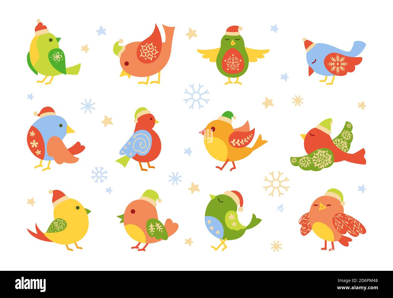 Christmas bird cartoon set. Winter, new year birds with santa hats ...