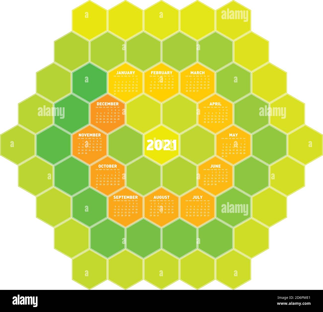 Colorful Calendar for year 2021 in an hexagonal pattern. In vector ...