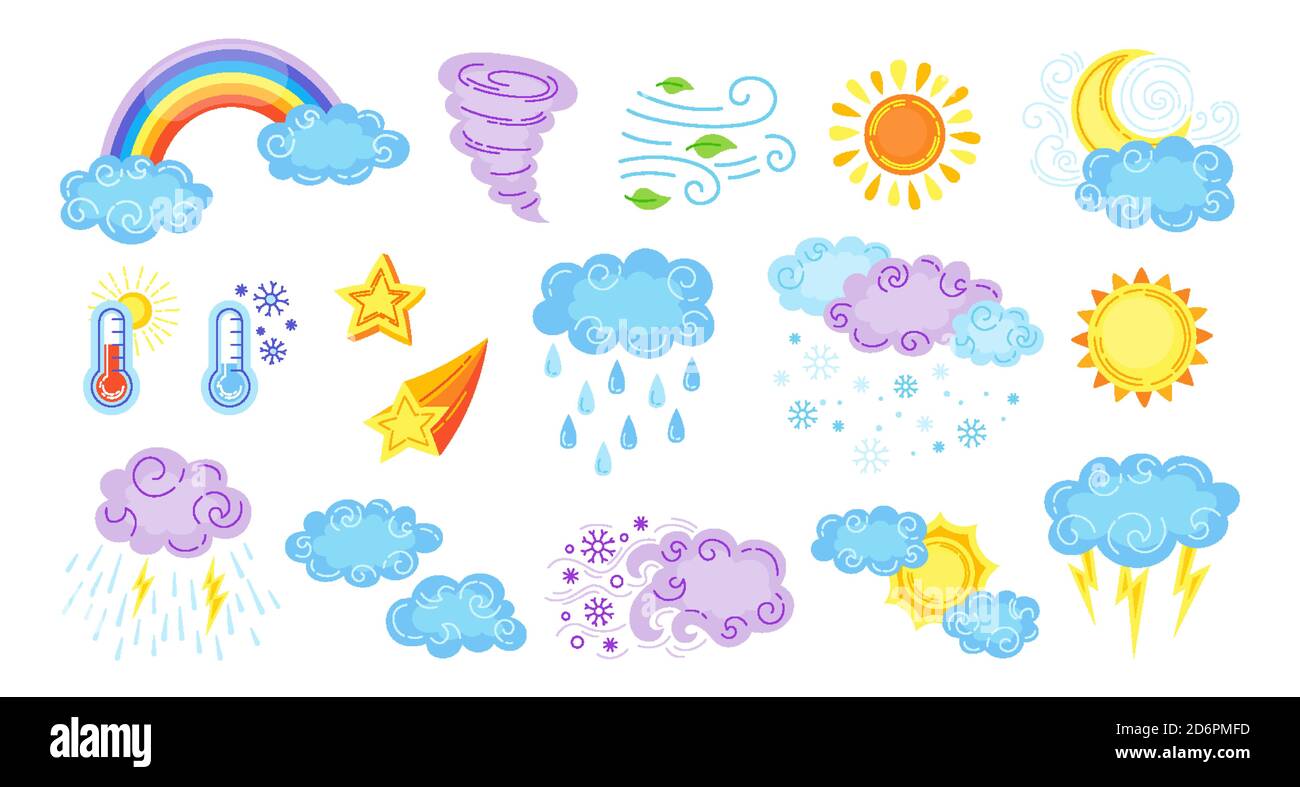 Weather cartoon set. Cute hand drawn sun and clouds, rain or snow ...