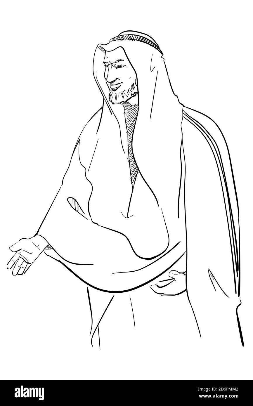 Islamic scholar arabian wear thawb headdres hand drawing sketch white ...