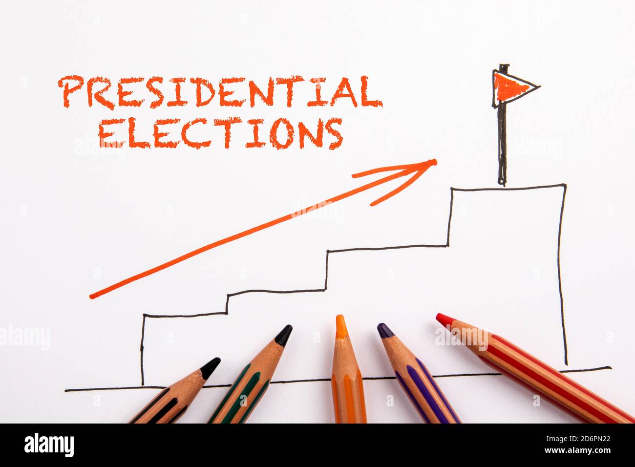 PRESIDENTIAL ELECTIONS. Steps leading up. Red flag. Coloured pencils on ...