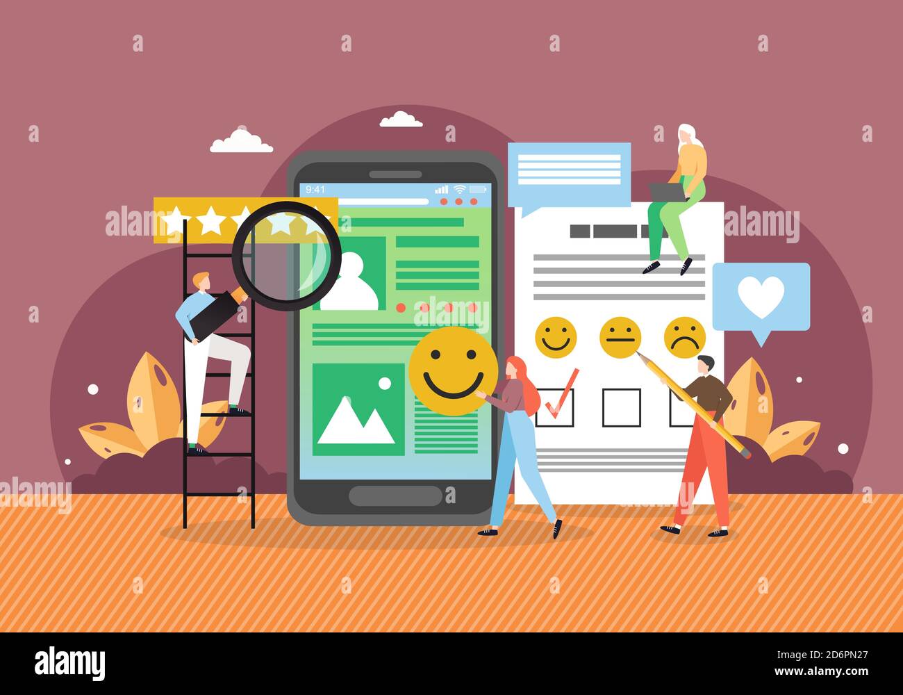 Business people collecting stars, using smile faces in survey questions ...
