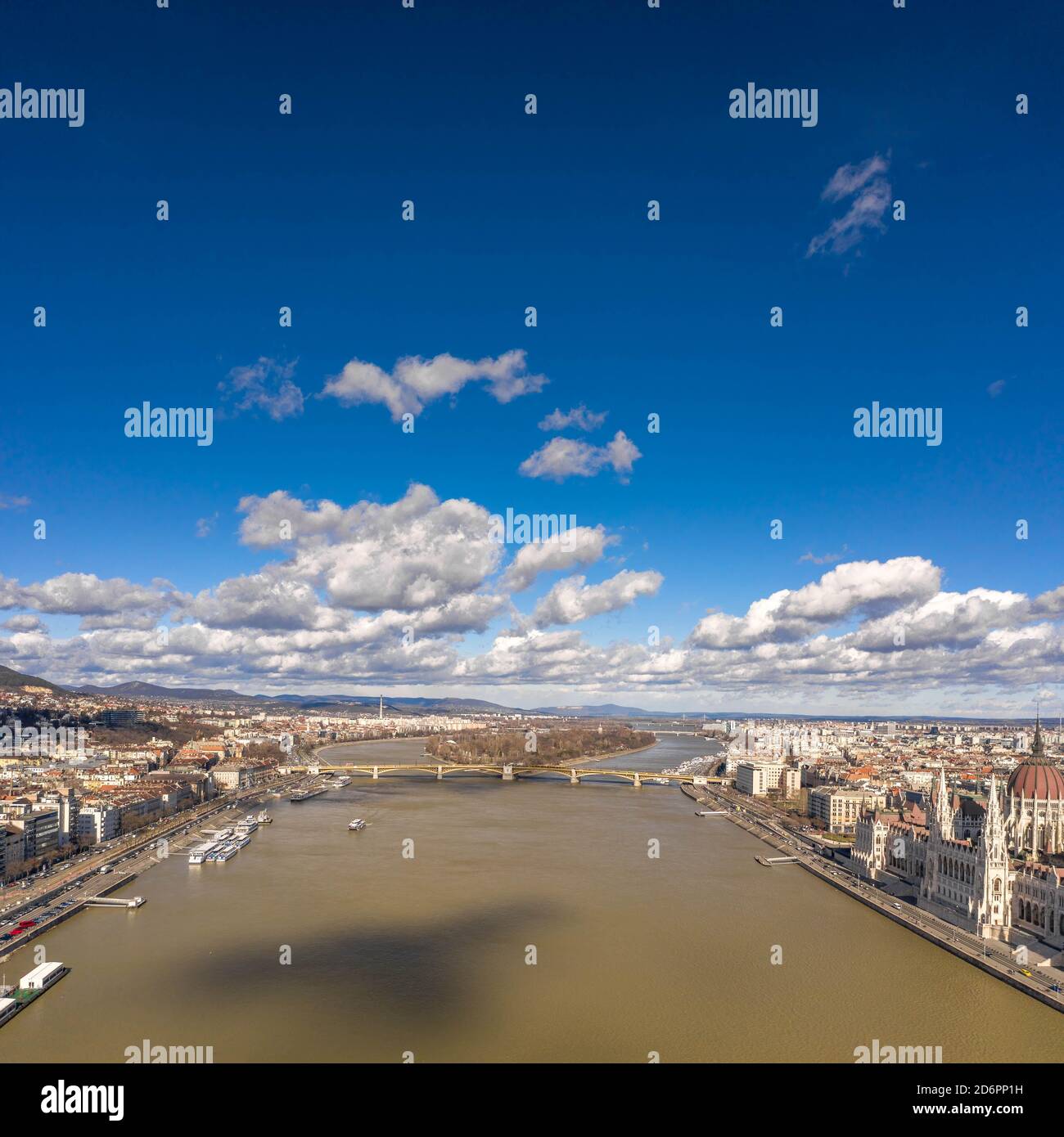 Aerial view of Hungarian Parliament Margaret Island by danube in ...