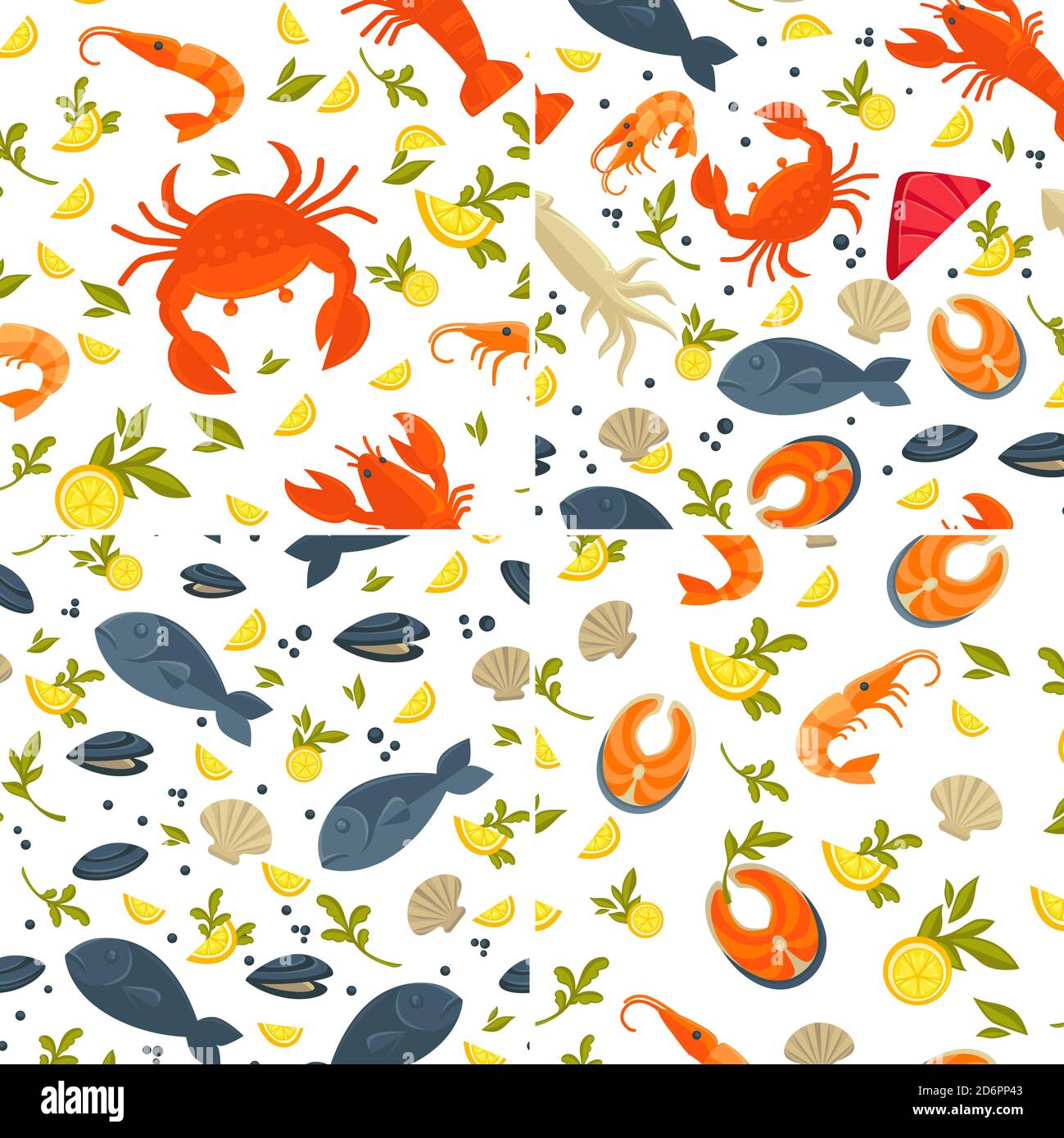Fish and crab seafood seamless patterns lobster and squid Stock Vector ...