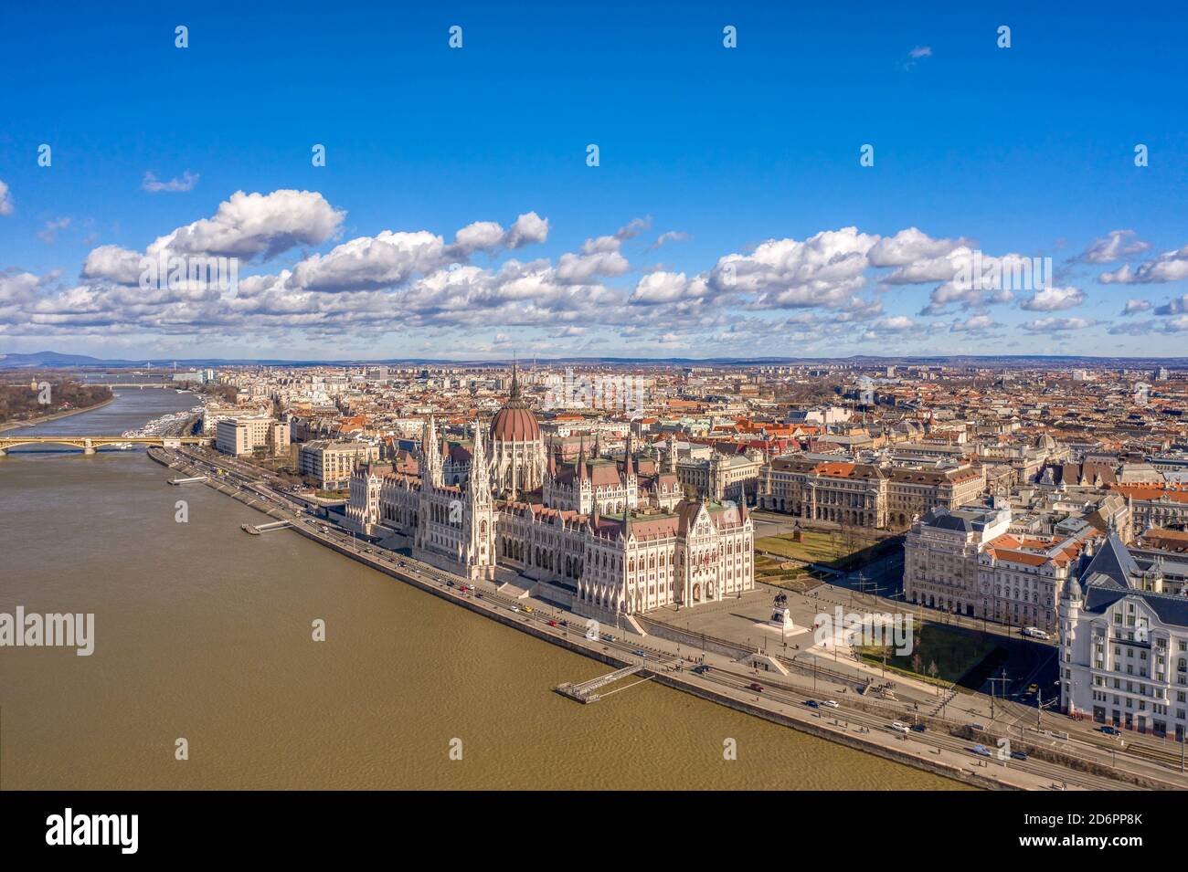 Aerial drone shot of Hungarian Parliament with overcast clouds in ...