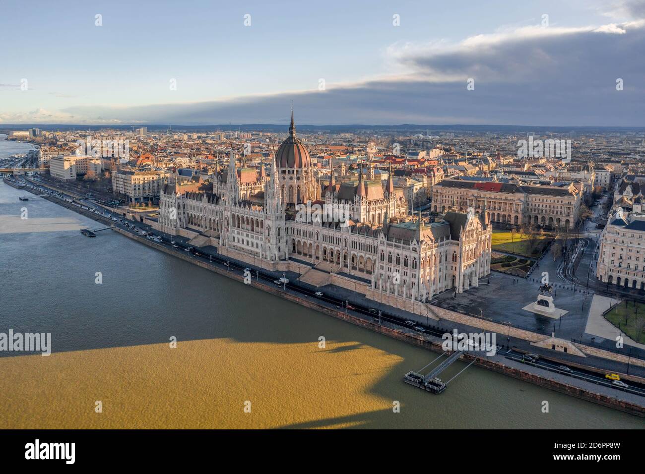 Aerial drone shot of Hungarian Parliament in Budapest winter morning ...