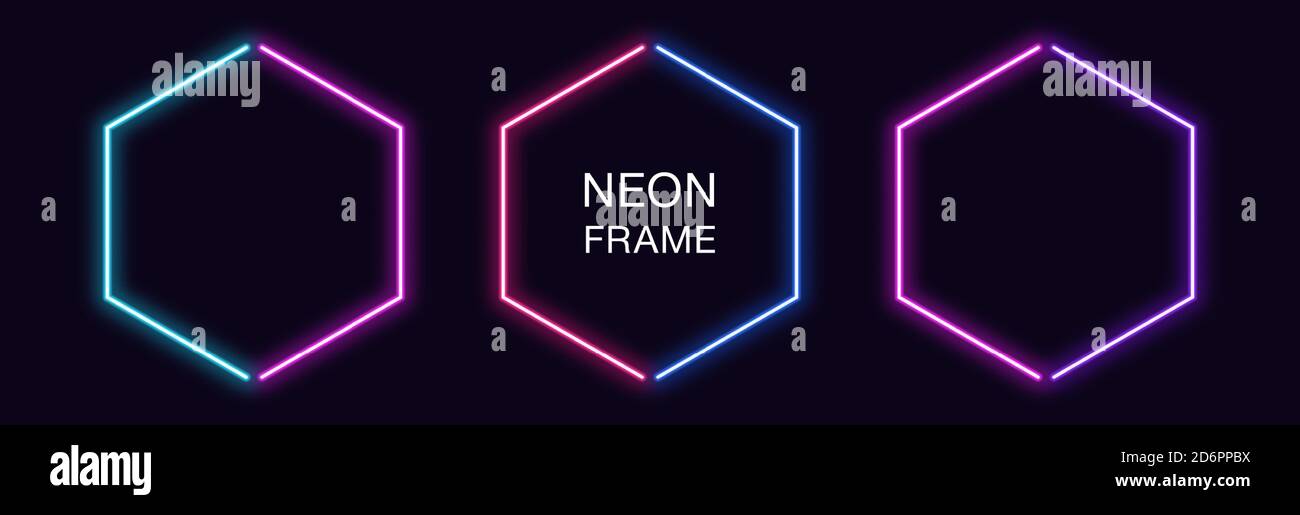 Neon hexagon Frame. Set of hexagonal neon Border in 2 outline parts ...