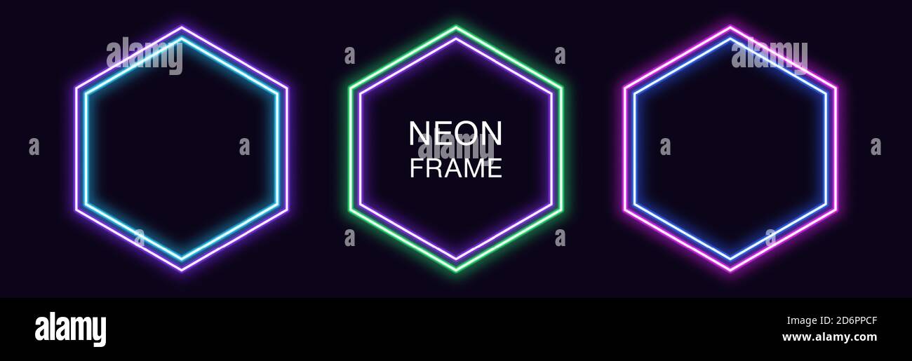 Neon hexagon Frame. Set of hexagonal neon Border with double outline ...