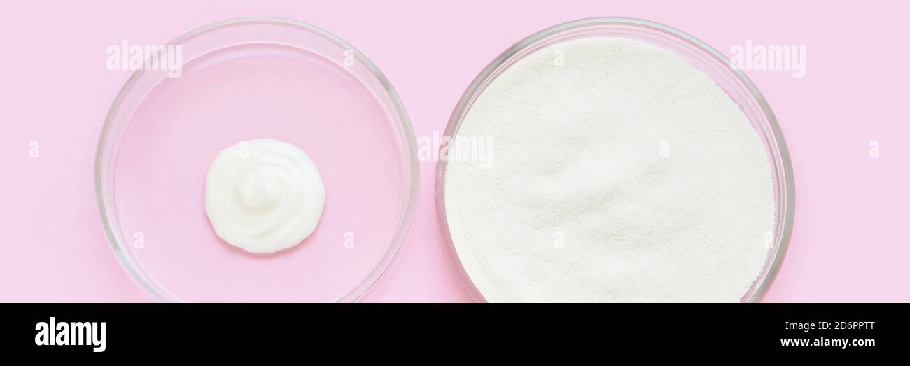Collagen white powder. Pastel color background. Health product Stock ...